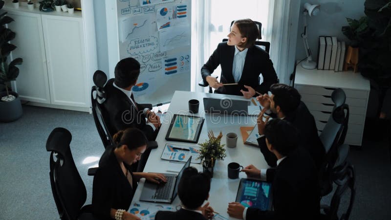 Top View of Smart Manager Pointing at Whiteboard and Explain Idea ...