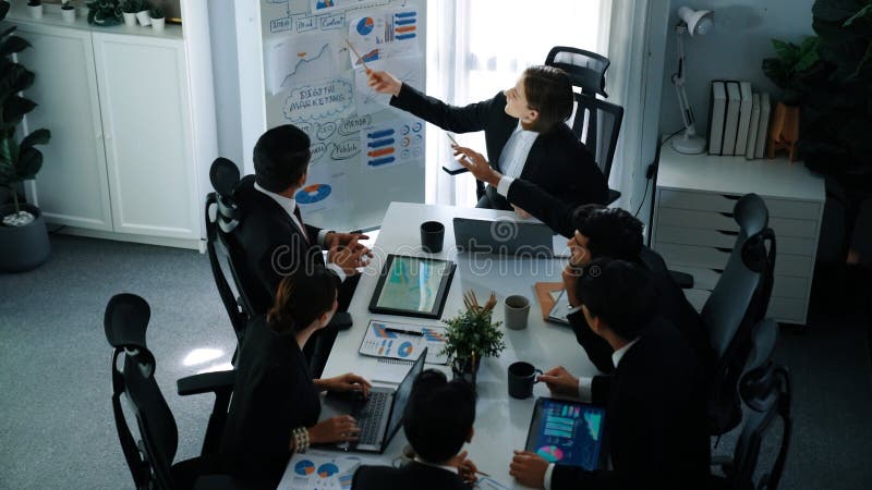 Top View of Smart Manager Pointing at Whiteboard and Explain Idea ...
