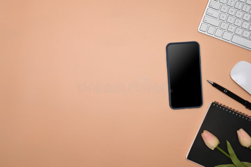 Top View Mobile Phone on Modern Workspace. Stock Image - Image of path ...