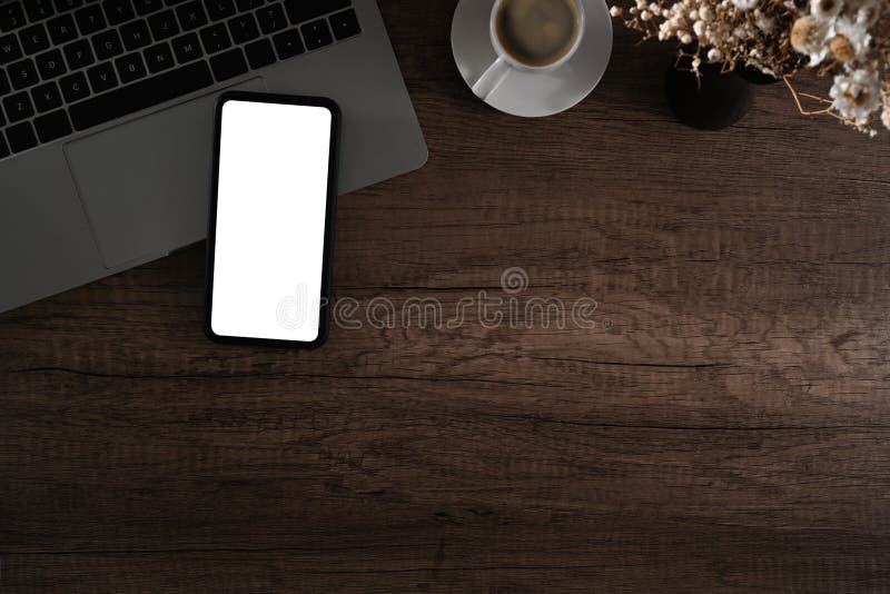 Top View Smart Phone with White Empty Screen, Laptop Computer and ...