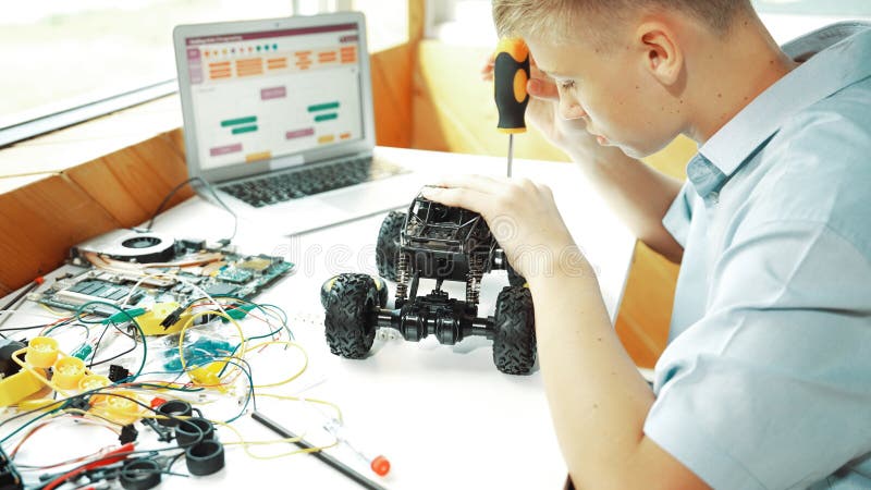 Top View of Smart Student Study Car Model Construction at Table ...