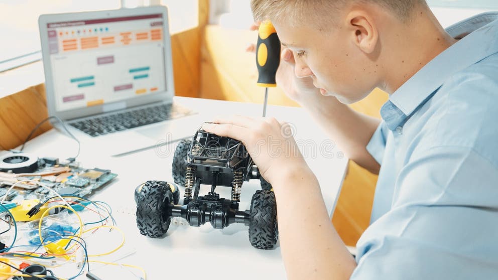 Top View of Smart Student Study Car Model Construction at Table ...