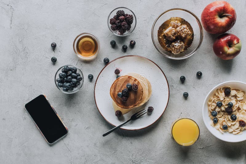 Top View of Smartphone with Blank Screen and Tasty Healthy Breakfast ...
