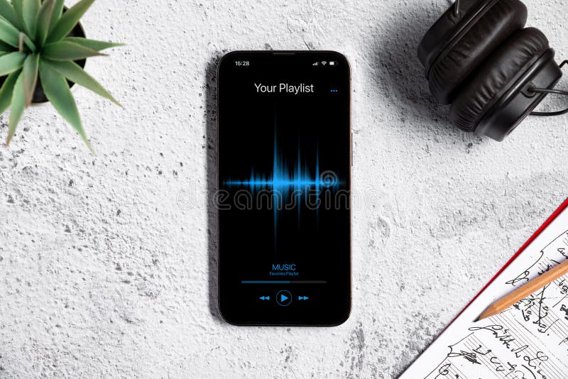 Top View of Smartphone with Music Player App on White Stone Office ...