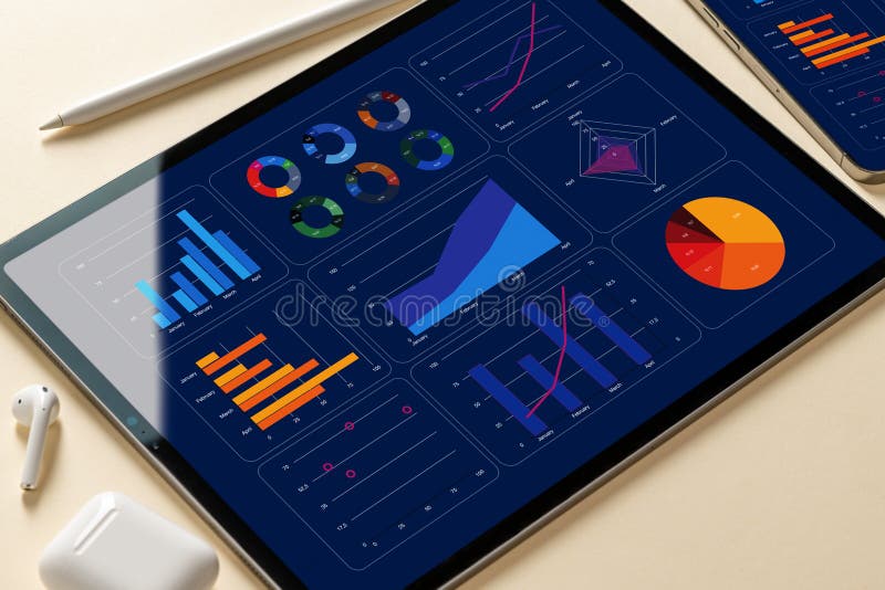 Top View of Smartphone and Tablet with Reports and Graphs on Screen ...