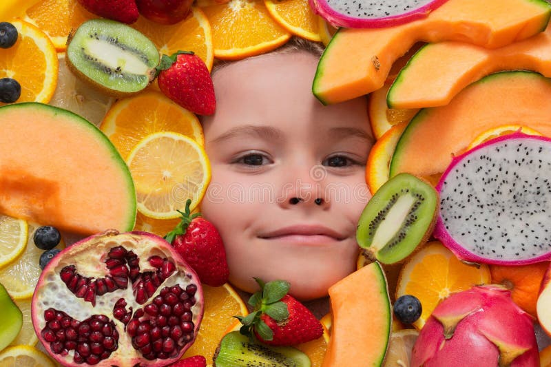 Top View of Smiling Kids Face with Different Fruits. Summer Fruits ...