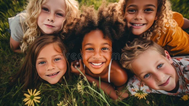 Top View of Smiling Multicultural Children Lying on Grass and Looking ...