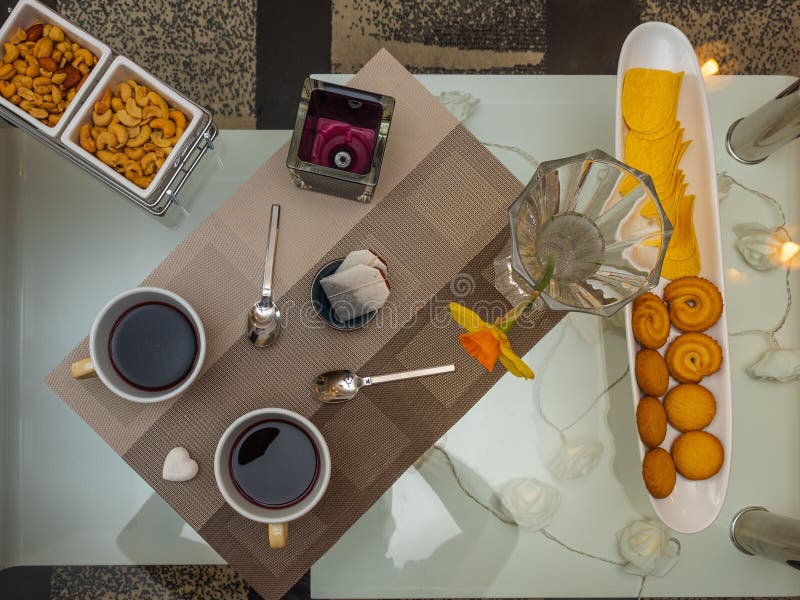 Top View of Snacks and Coffee Mugs on a Table Stock Image - Image of ...