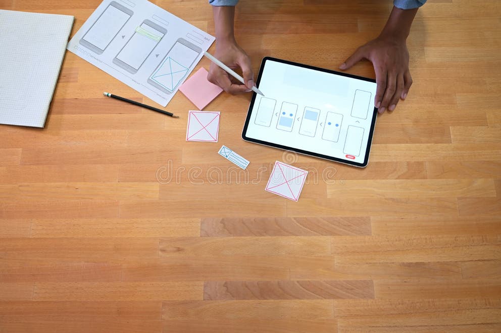 Top View Software Developer Working with Layout Paper and Digital ...