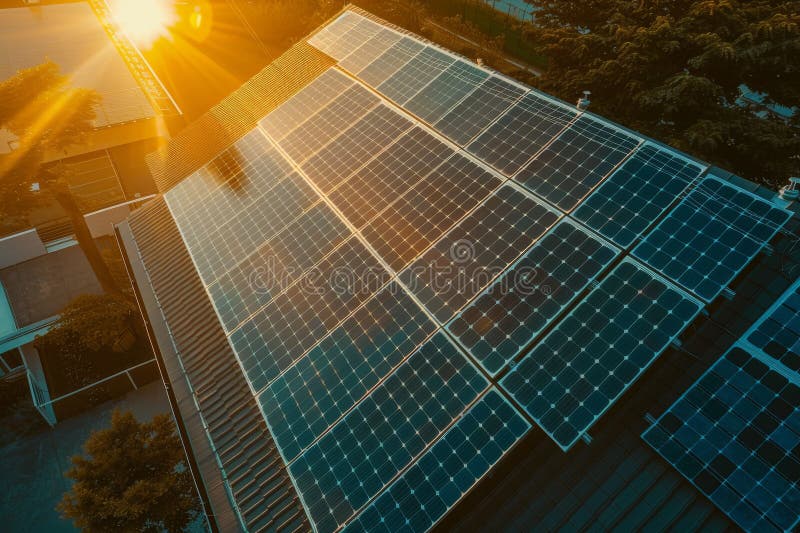 Top View of Solar Panels on Building Roof at Sunset Stock Image - Image ...