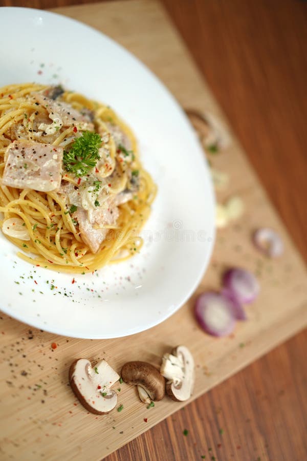 Off Angle Top View of Spaghetti Carbonara Lunch Dinner Meal Stock Photo ...