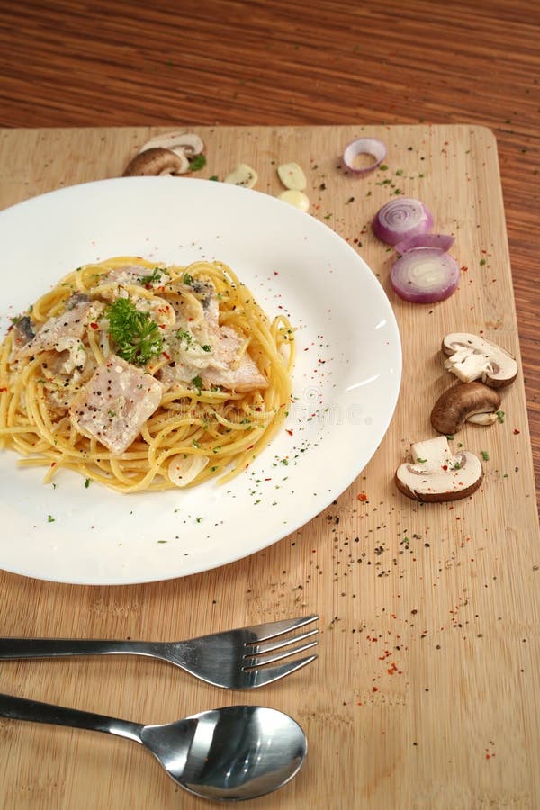Portrait Top View of Spaghetti Carbonara Lunch Dinner Meal Stock Image ...