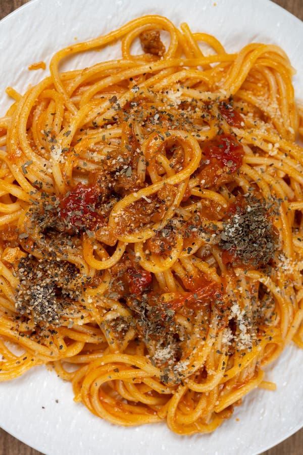 Top View Spaghetti with Classic Bolognese Sauce Vertical Composition ...