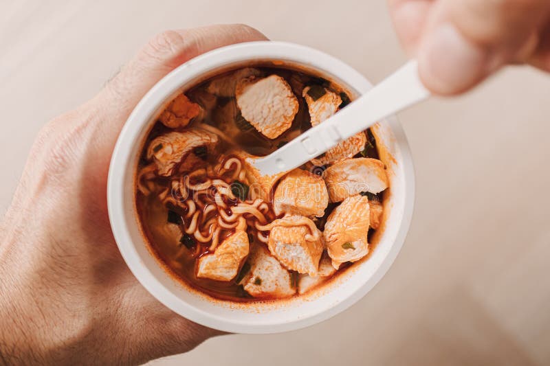 Top View of Spicy Instant Noodle Cup with Chicken Meat. Stock Image ...