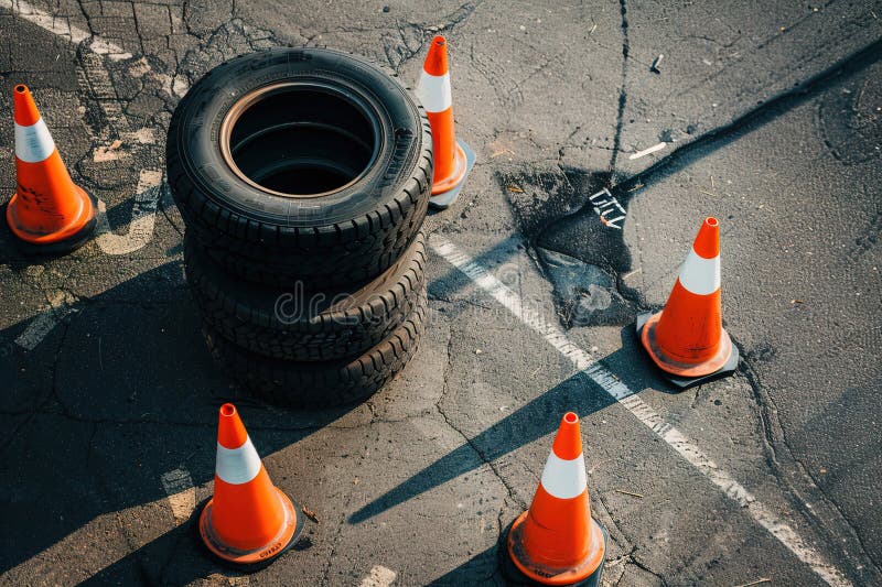 Top View Stack of Car Tires and Traffic Cones on the Asphalt Stock Illustration - Illustration ...