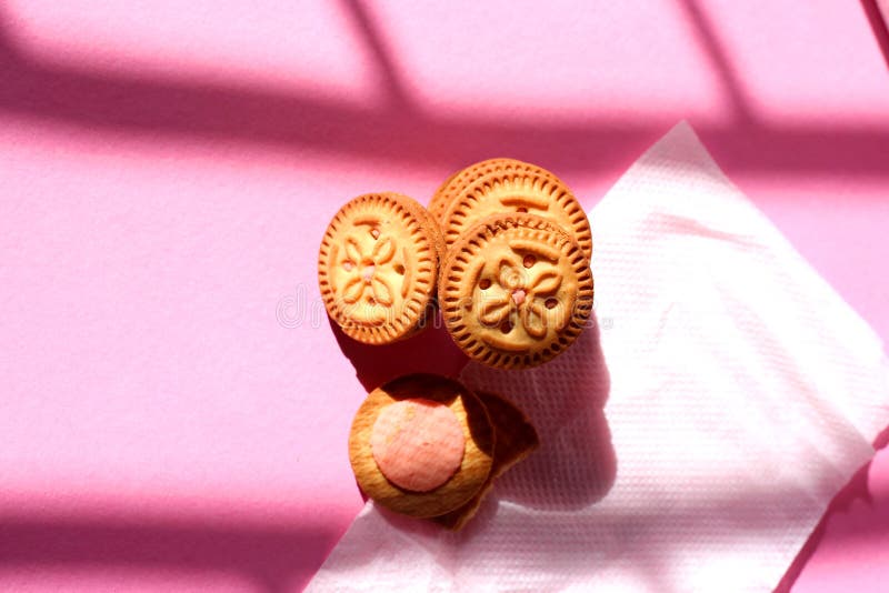Top View of Stacked Biscuits on Pink Background Stock Image - Image of ...