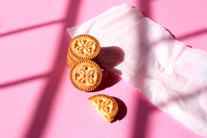 Top View of Stacked Biscuits on Pink Isolated Background Stock Photo ...