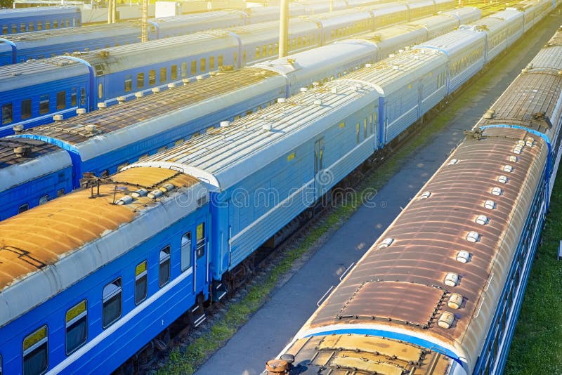 Top View of Standard Blue Railway Carriages at Station Platforms at ...