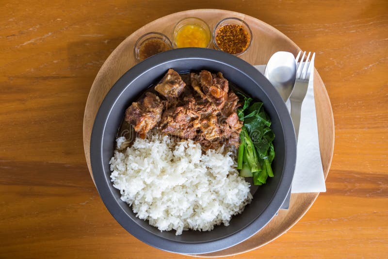 Top View Steamed Pork with Rice Stock Photo - Image of lunch, wood ...