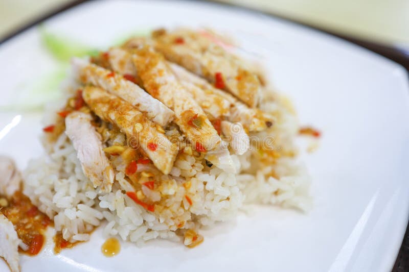 Top View of a Steamed Rice Topped with Chicken on a White Plate, Focus ...