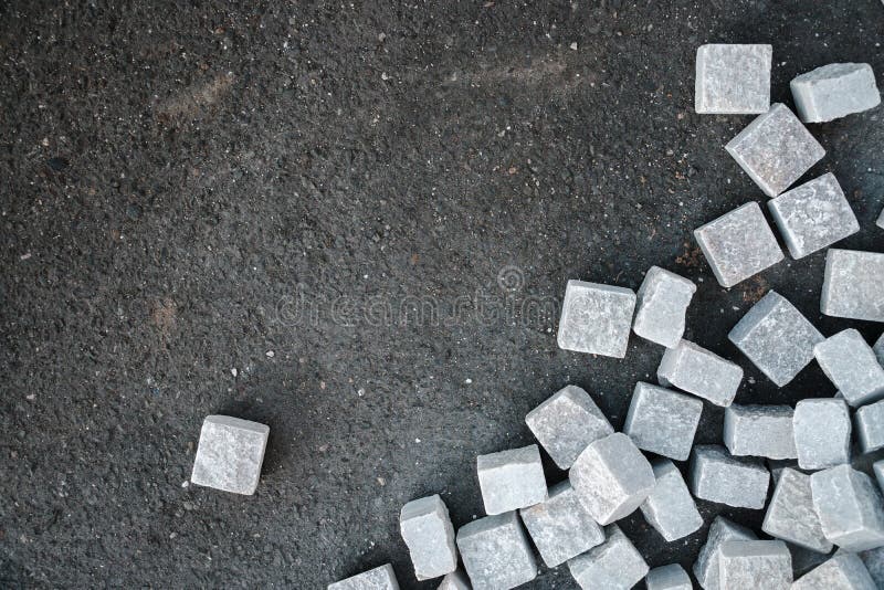 Top View. Stone Cube Pavement, Construction Worker Laying Cobblestone ...