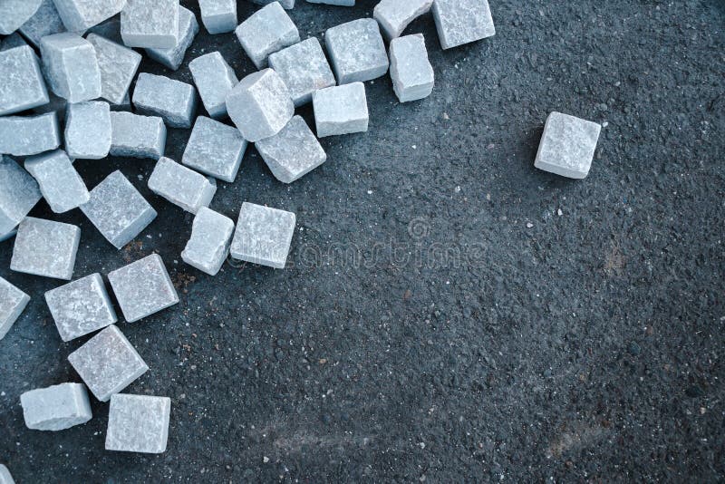 Top View. Stone Cube Pavement, Construction Worker Laying Cobblestone ...