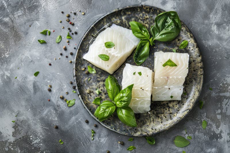 Top View of a Stone Plate with Fresh Cod Fillet and Basil Leaves ...