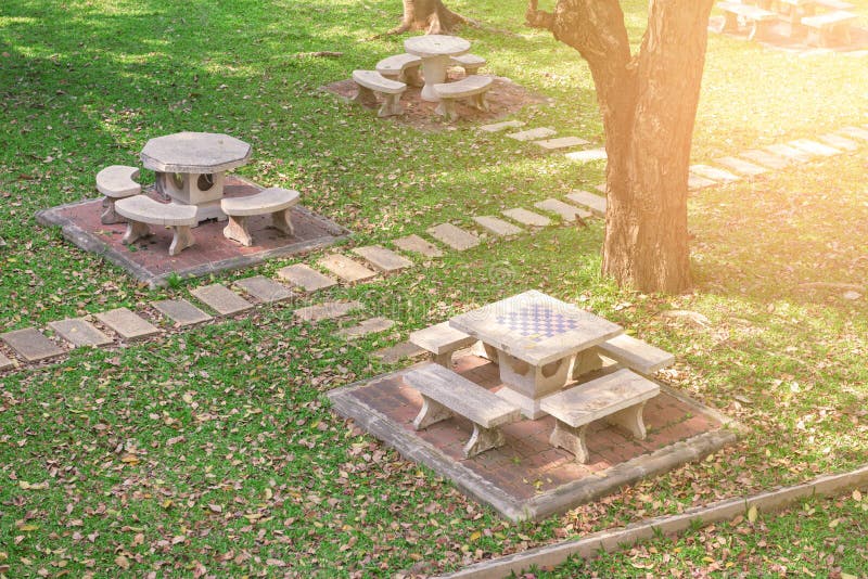 Top View of Stone Tables and Benches Set Under Large Tree Stock Photo ...