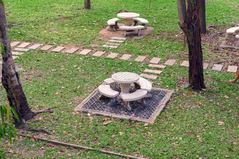 Top View of Stone Tables and Benches Set Under Large Tree Stock Photo ...