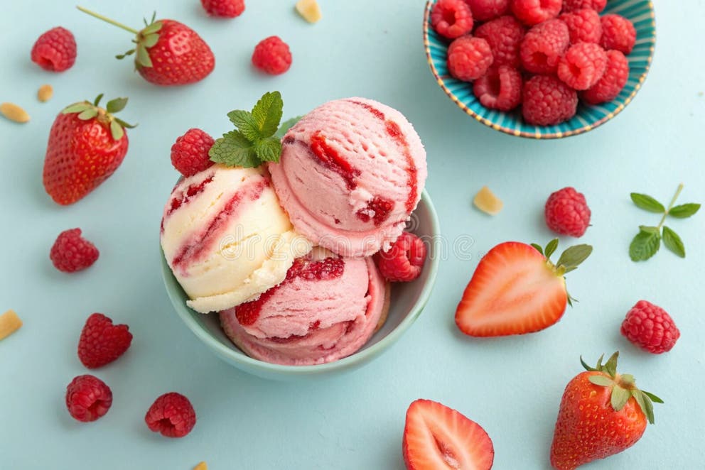 Top View of Strawberry Raspberry Ice Cream on Pastel Background ...