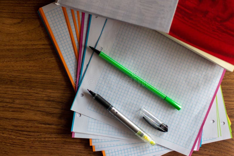 Top View Study Table with Books, Folios, Pens Stock Photo - Image of ...