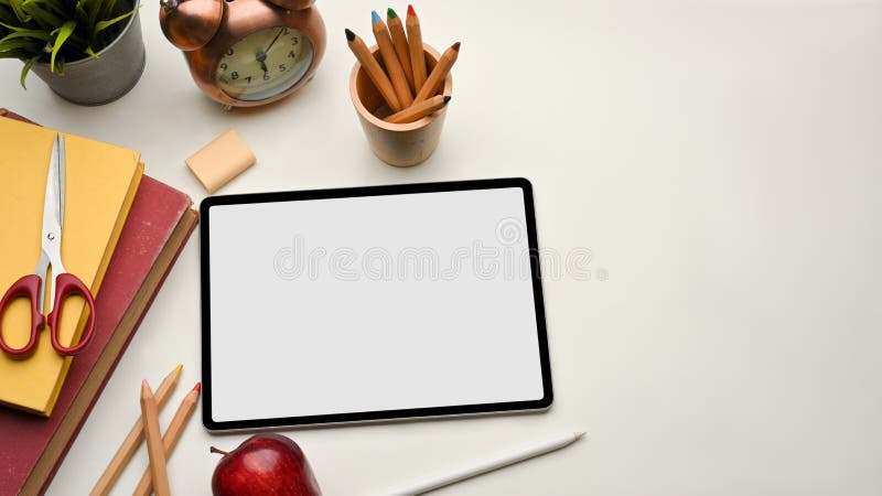 Study Table with Digital Tablet, Books and Stationery, Clipping Path ...