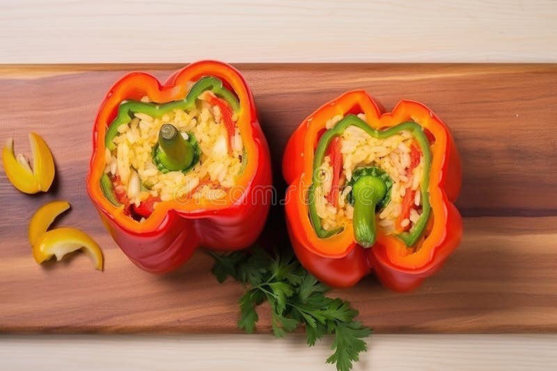 Top View of Stuffed Bell Pepper Cut in Half, on Wooden Table Stock ...