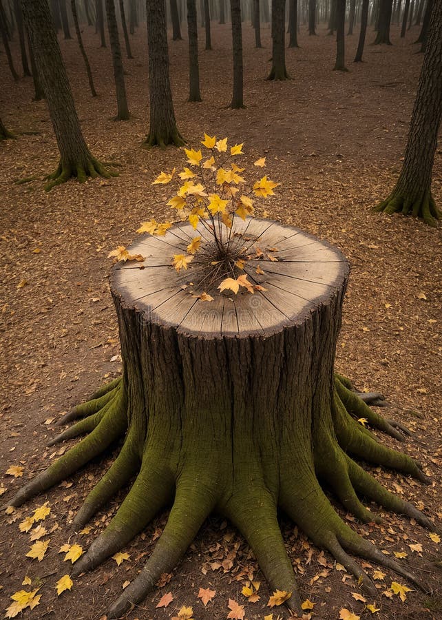 Top View of a Stump in an Autumn Forest with Yellow Fallen Leaves. a ...