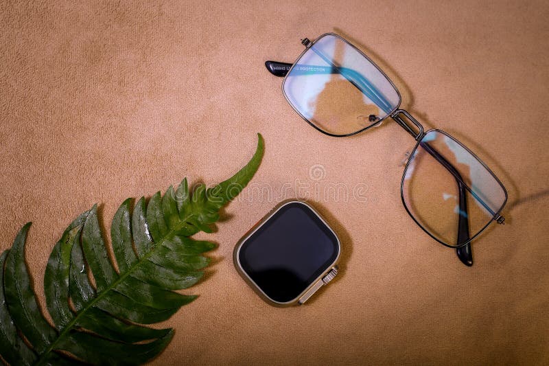 Top View of Stylish Smart Watch and Sun Glass Stock Photo - Image of ...