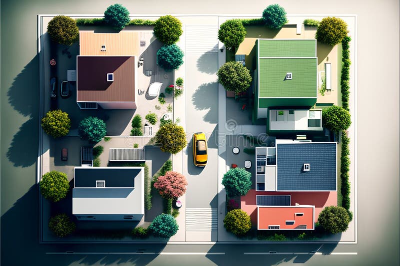 Top View of a Suburb with Houses and Cars. 3d Rendering Stock ...