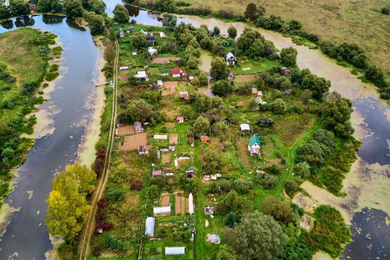 Top View of Summer Cottages Located Inside the River Loop Stock Photo ...
