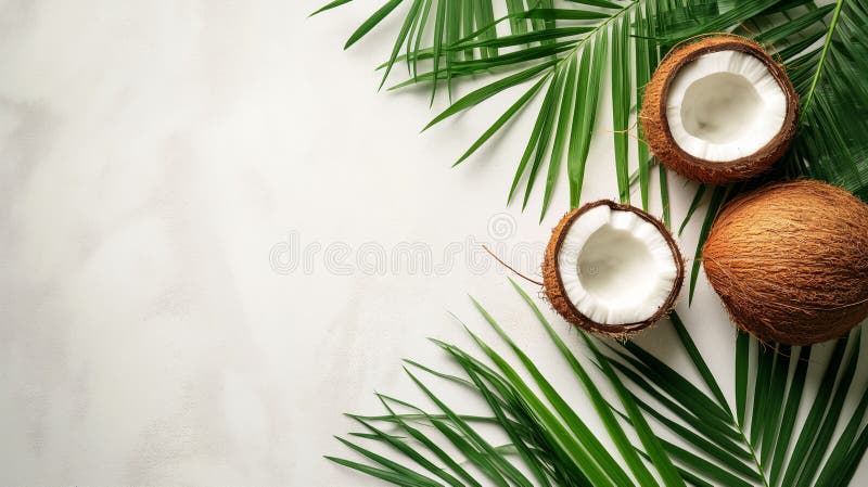 Top View of a Summer Layout with Palm Leaves and Coconuts and Space for ...