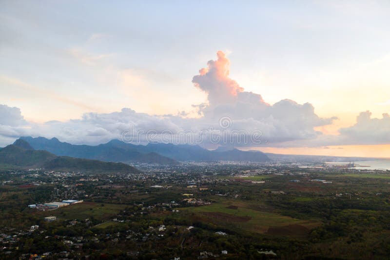 Top View of the Sunset City and Mountains on the Island of Mauritius ...