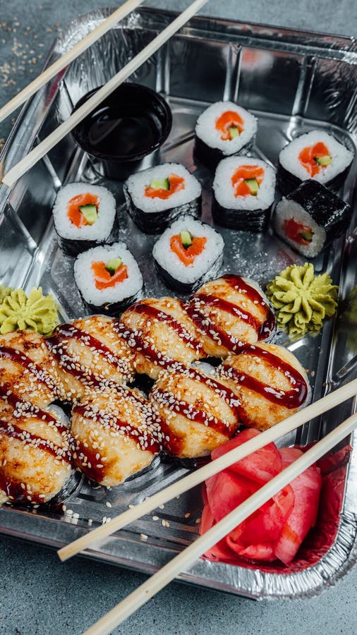 Top View of Sushi Set with Sticks Stock Photo - Image of roasted ...