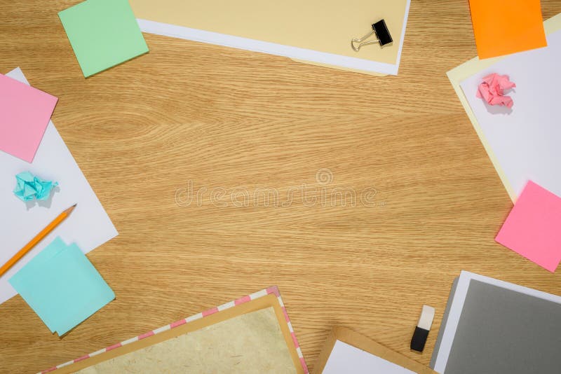 Top View of Table with Blank Papers and Stick it Notes with Stationery ...