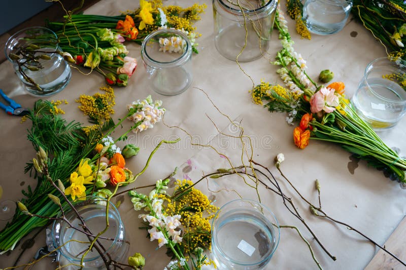 Top View on the Table with Bouquets at Flower Workshop Stock Image ...