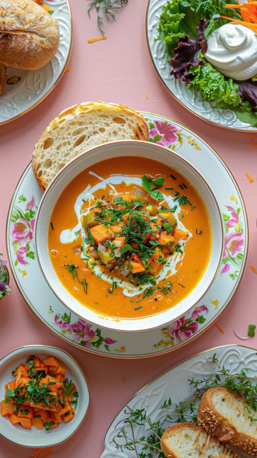 A Top View of a Table Covered with Plates of Food and Bowls of Soup ...