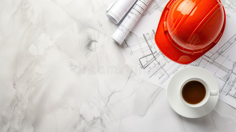Top View Table of Engineering ,hardhat and Blueprint . Stock ...