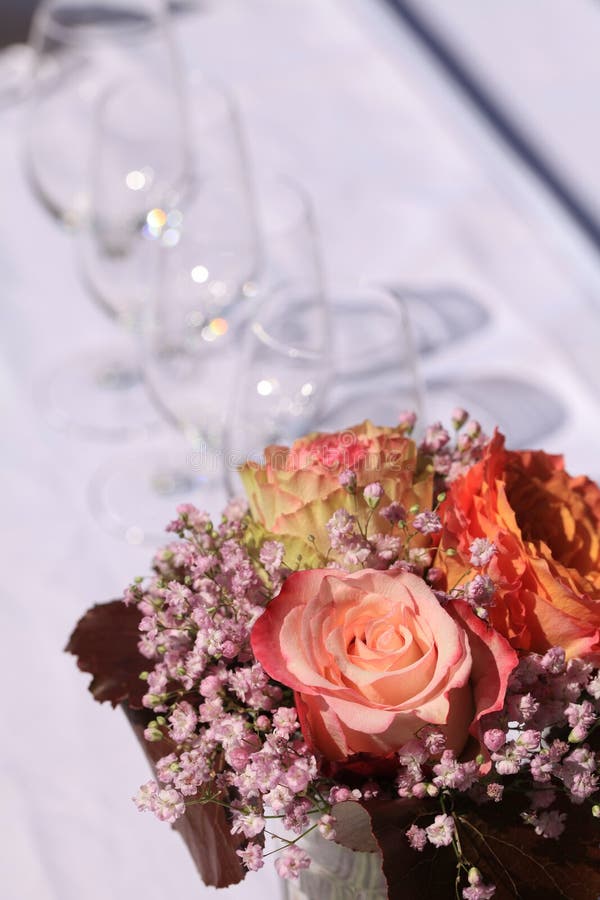Top View on a Table with a Flower Bouquet and Wine Glasses Stock Photo ...