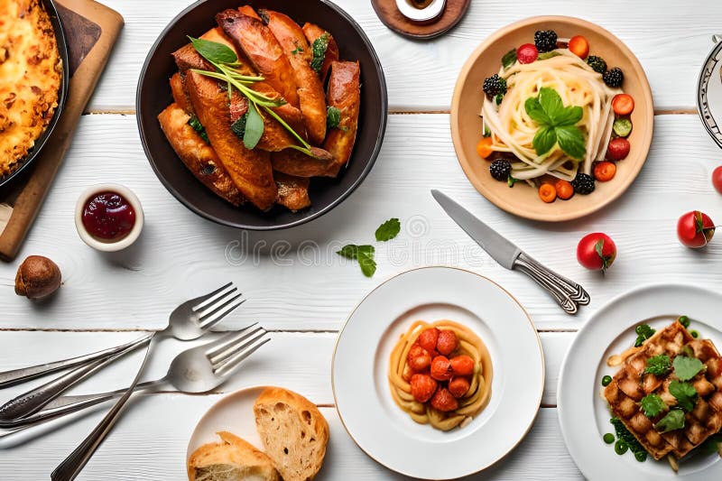 The Table Full of Delicious Food Composition, Top View Stock ...