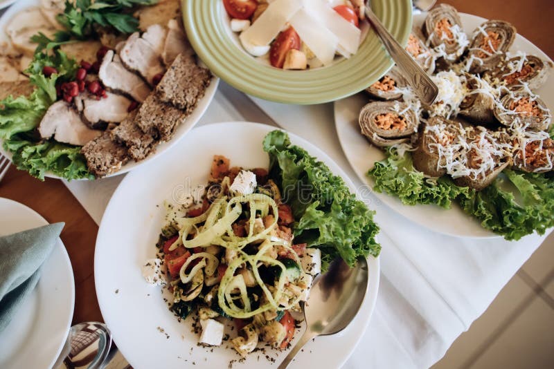 Top View Table Full of Food in Restaurant Stock Image - Image of drink ...