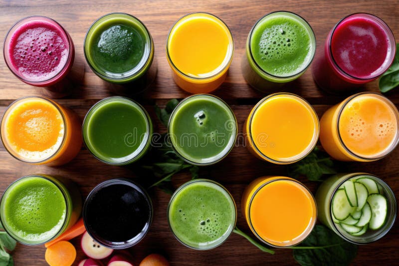 Top View of a Table Full of Various Cold Pressed Juices Stock Photo ...