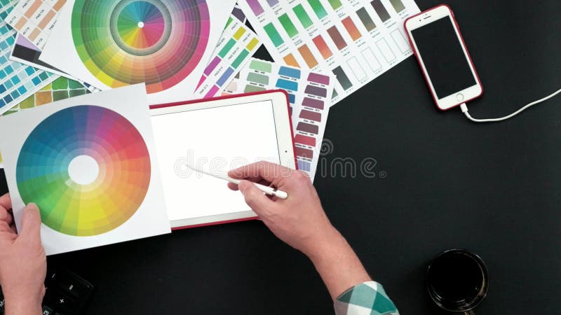 Top View of the Table Graphic Designer, Black Background Stock Video ...
