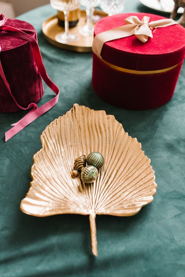 Top View Table Server for Christmas Dinner in Living Room, Close-up ...